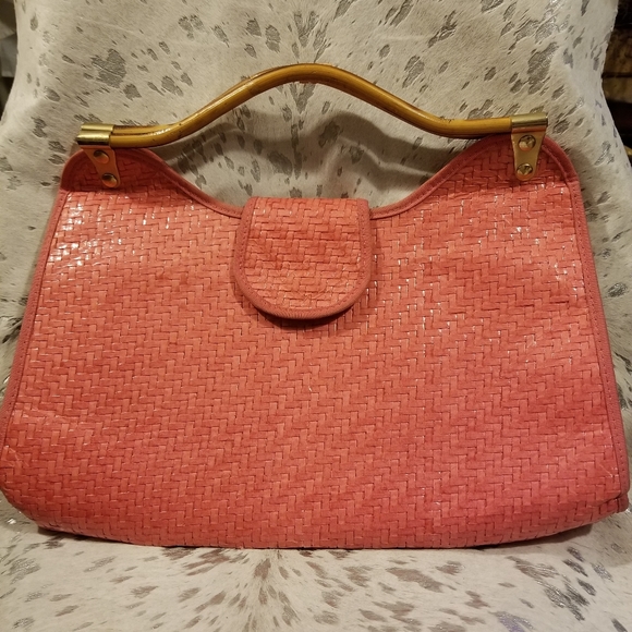 Bags | Peach Woven Handbag | Poshmark